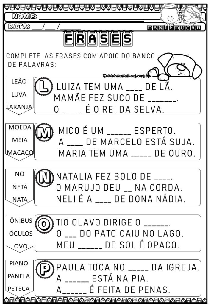 Alfabetização para imprimir - frases - Dani Educar